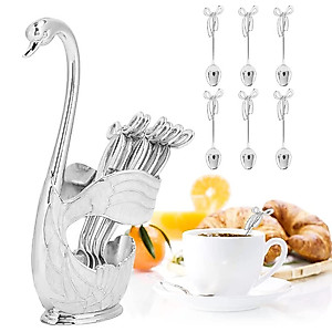 Watris Veiyi Coffee Spoons Set, Dessert Spoons Set, 6PCS Tea Spoons with Swan Base Holder, Metal Coffee Spoon Organizer, Stainless Steel Small Spoons for Coffee Cake Dessert Ice Cream Tea(Silver)