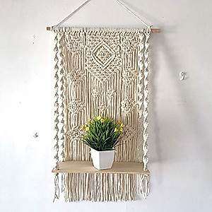Handmade Macrame Wall Hanging Shelf,Bohemian Wooden Handmade Macrame Wall Hanging Rope Shelf Floating Plant Rack Stand Macrame Tapestry for Home Decor Ornament