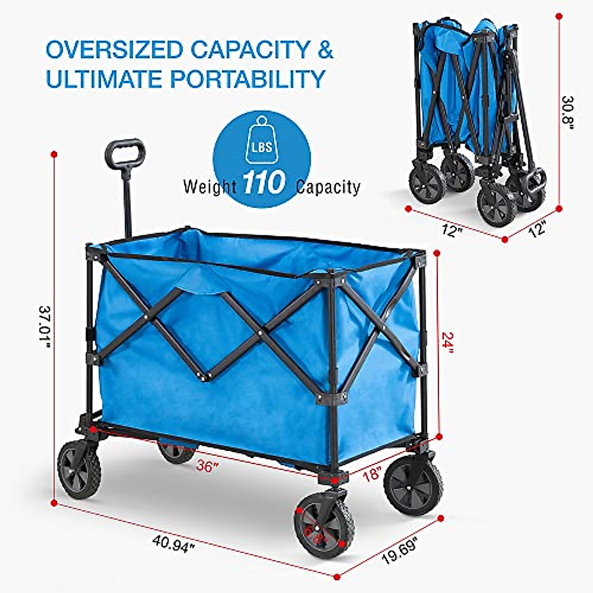 Sunjoy Collapsible Wagon with 255L Large Capacity, Utility Foldable Wagon Cart, Heavy Duty Beach Wagon with Big Wheels, Portable Garden Cart for Camping Fishing Sports Shopping, Blue