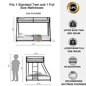 FRANSOUL Heavy Duty Bunk Bed for Adults,Full XL Over Queen Bunk Bedframe with Ladder and Full Length Guardrail for Adults,Teens,Kids,No Box Spring Needed
