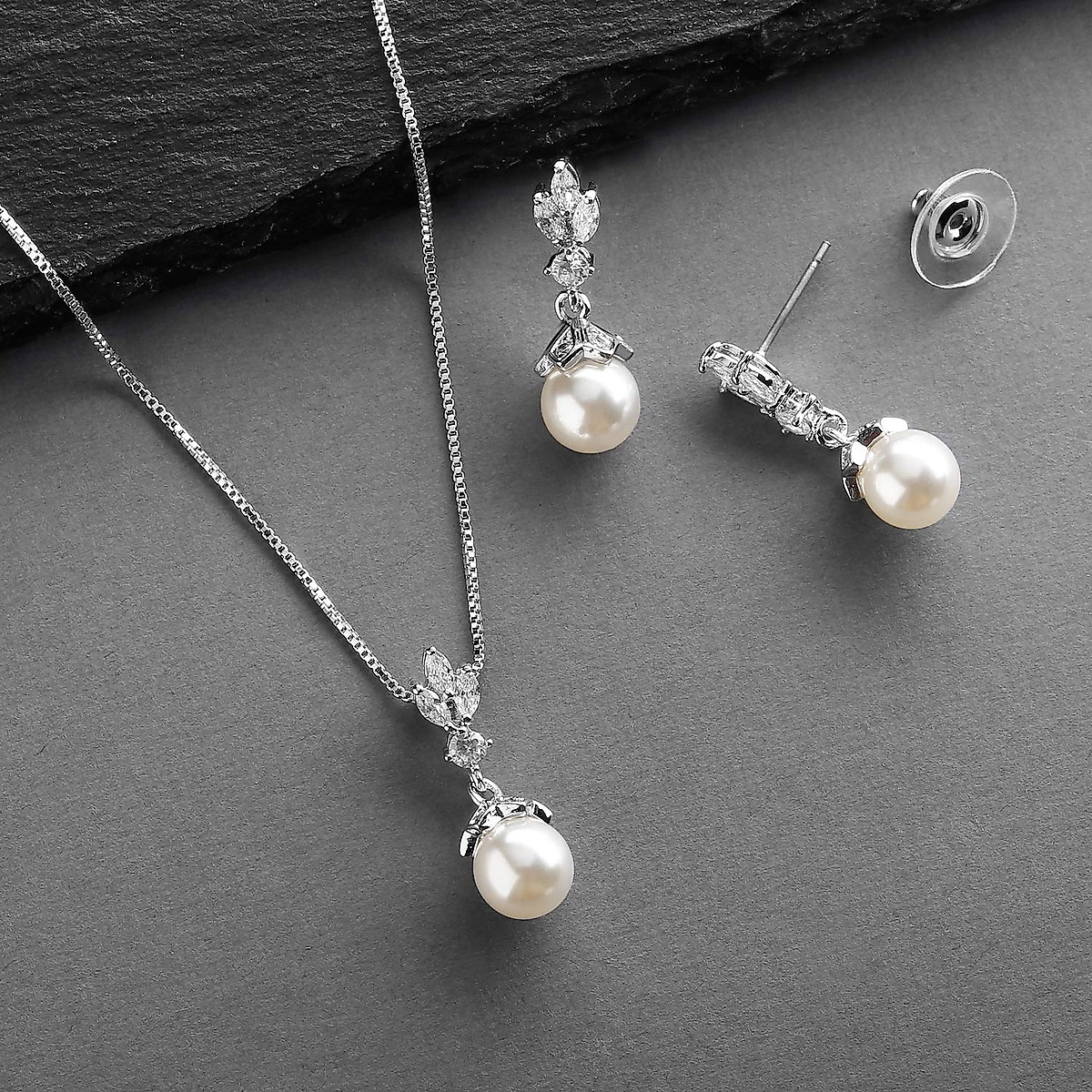 Mariell Ivory Pearl Necklace and Drop Earrings Bridal and Wedding Jewelry Set for Women, Brides, Bridesmaids or Mother of The Bride, Platinum Plating, Perfect Jewelry Gift for Women