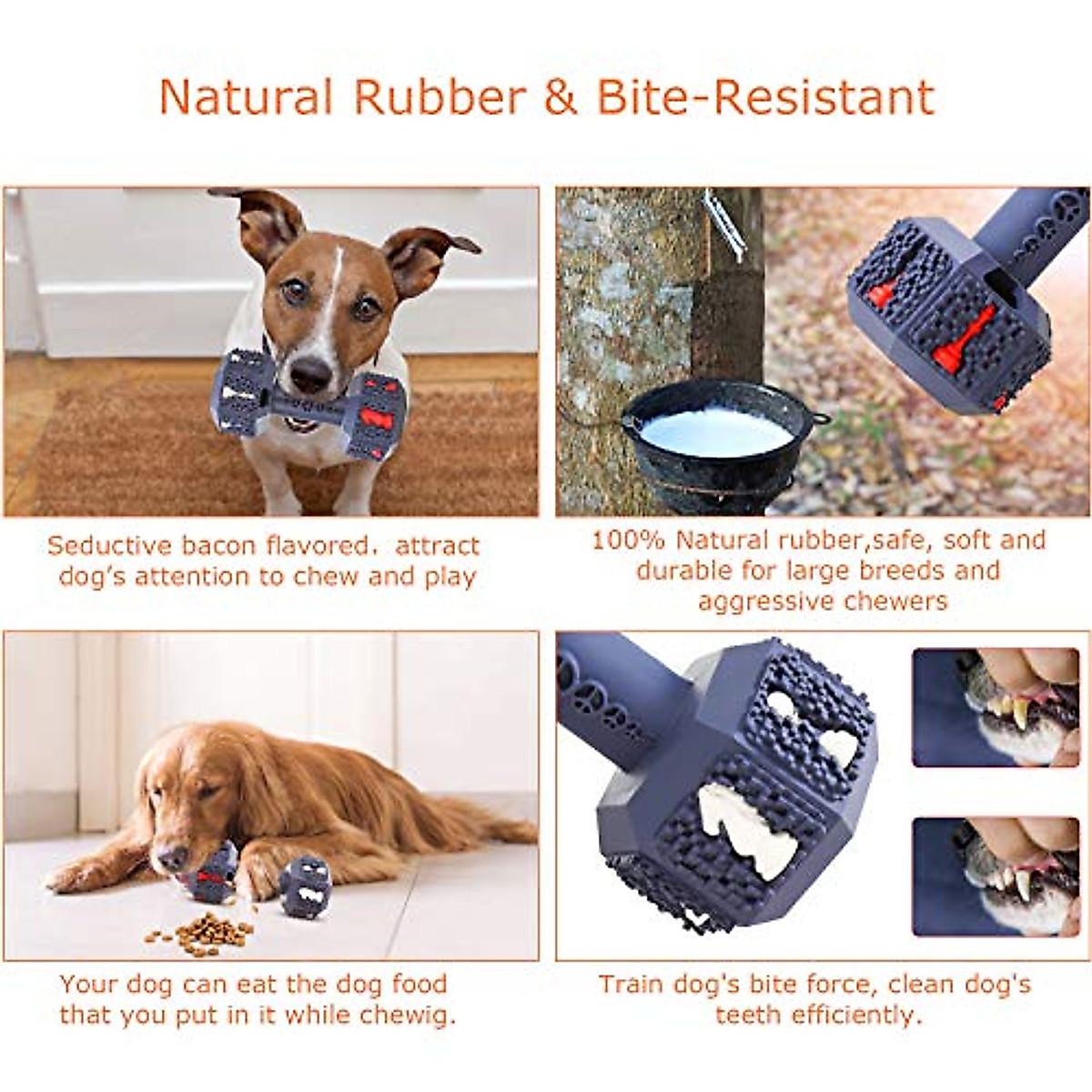 NEOROD Durable Dog Chew Toys for Aggressive Chewer. Indestructible Interactive Dental Toys for Training and Cleaning Teeth. Natural Rubber Bacon Flavored Dumbbell Dispensing Toy for Large Medium Dogs