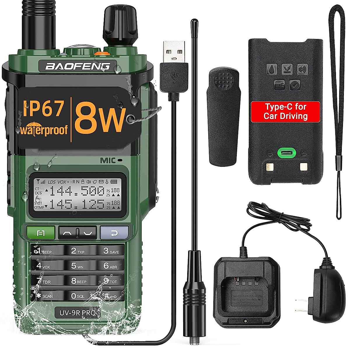 BAOFENG UV-9R Pro 8W Ham Radio Long Range Handheld Dual Band Tri- Power Two-Way Radio Waterproof Transceiver Walkie Talkies Rechargeable with Type-C Charging Cable for Camping Hunting Survival Gear
