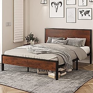 IMUsee Full Size Bed Frame with Wood Headboard and Footboard Platform, Heavy Duty Metal Frame with 12" Under Bed Storage, No Box Spring Needed, Noise Free, Brown