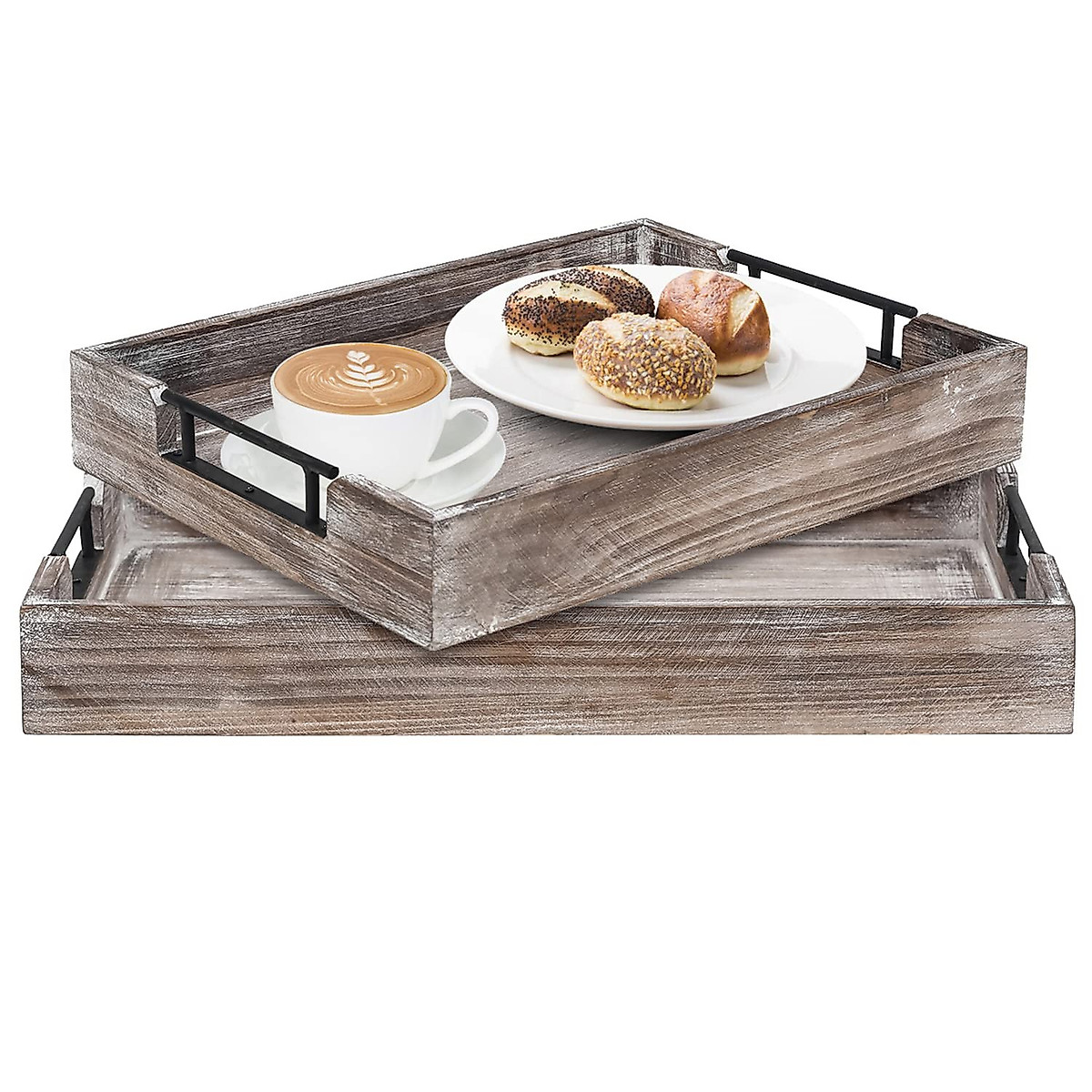 Adeco Rustic Wood Serving Trays Set | Nesting Wooden Tray with Black Sleek Metal Handles | Vintage Wood Platters for Kitchen, Dining Room, Living Room| Large:18.9X2.6X14.2” - Small:15.7X2.6X11.8”