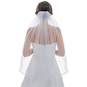 SAMKY 1T 1 Tier Offset Floral Vine Edge Crystal Pearl Veil - Light Ivory Fingertip Length 36" V580