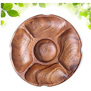 Diameter 12" Premium Acacia Wooden 5-Compartment Divided edge of 4 hole Round Wood Plate Divided Dessert Serving Trays Platters 5 Section