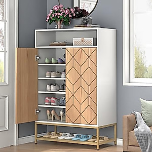 Gyfimoie Shoe Organizer with Doors, Shoe Storage Cabinet with Adjustable Shelves for Entryway, 7-Tier Entryway Shoe Rack Storage for Hallway, Closet, Living Room (White)