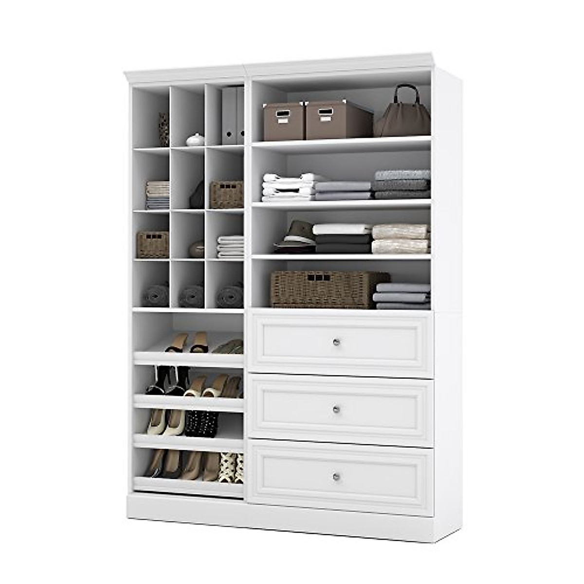 Bestar Versatile Closet Organizer with Storage Cubbies and Drawers, White