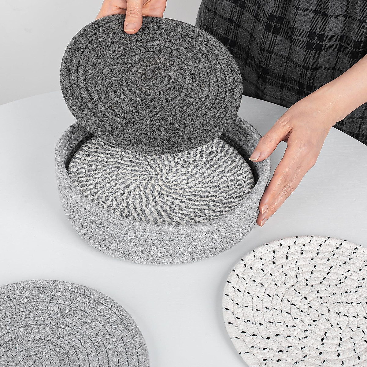 8" Trivets for Hot Dishes, Hot pots and Pans,6 Heat Resistant Hot Pads and Storage Basket 1 Pack,Pot Holders for Kitchen, Hot Plate Mats for Kitchen Countertops, Table, Home Essentials, Farmhouse Deco