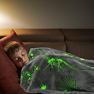 Glow in The Dark Blanket Dinosaur Throw Blanket for Boys Kids Soft Warm Cozy Cute Dino Blanket Unique Dinosaur Toys Gifts Gray Glowing Dinosaur Room Decor Blankets for Girls Teens 50"x60"