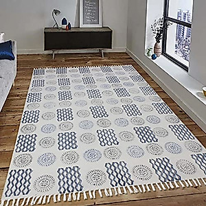 Casavani Hand Block Printed Rug Abstract Blue & Beige Tassel Rug Easy Care Washable Rugs for Doormat Entryway Living Room Bedroom Hallway Balcony 2.6x8 Feet Runner