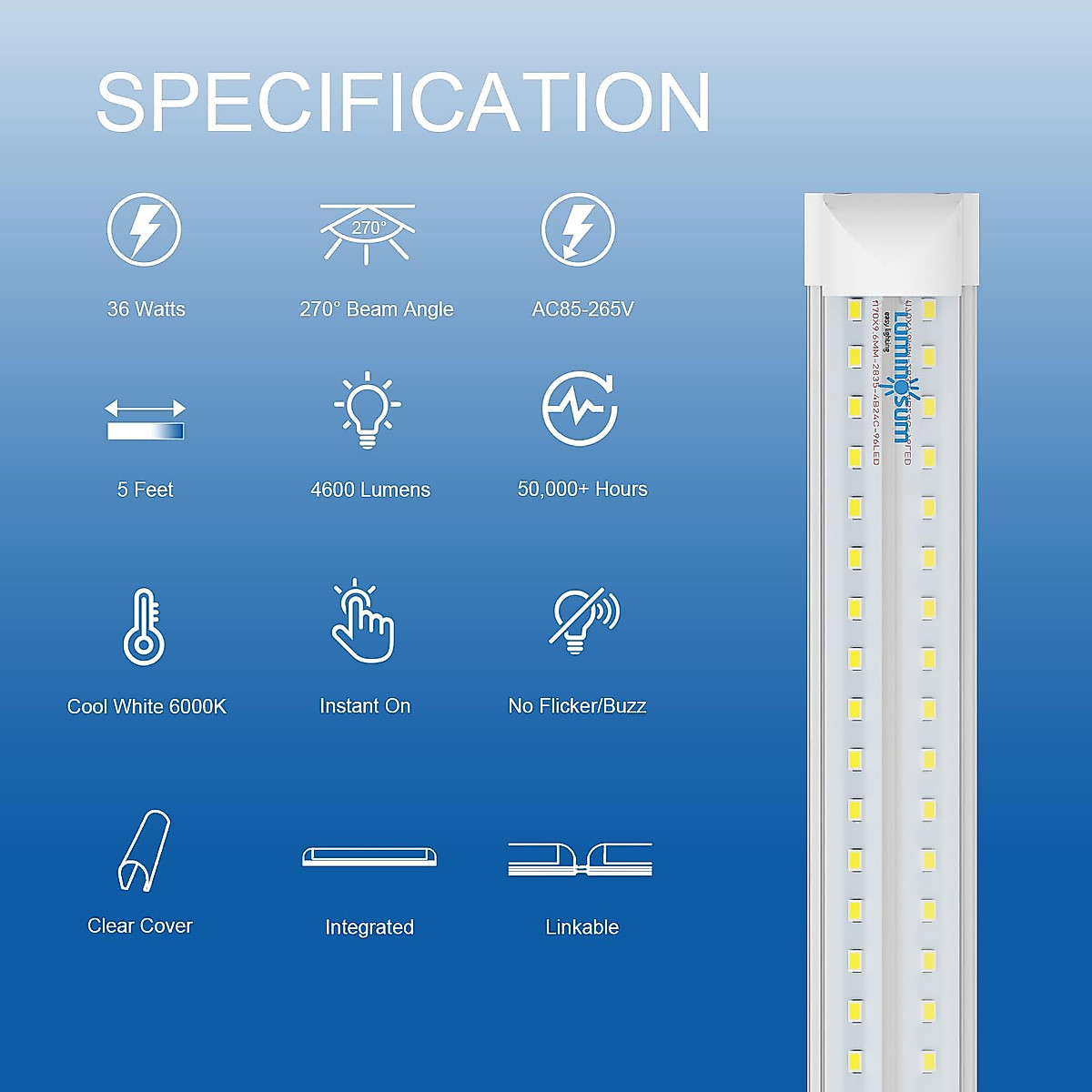 LUMINOSUM LED Shop Light 6ft, 42W LED Tube Light Fixture, Clear Cover Cool White 6000K, V-Shaped Integrated Fixture for Cooler Door Lighting, 20-Pack