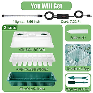 Saillong 2 Packs Seed Starter Tray with Grow Light High Dome Seed Germination Kit 80 Cells with 4 LED Grow Lights Seedling Starter Kit with Smart Timer and 3 Modes for Home Gardeners, Greenhouse