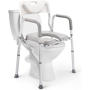 4-in-1 Raised Toilet Seat with Handles and Back, Medical Bedside Commode Chair, Adjustable Toilet Safety Frame, Shower Chair for Seniors, Elderly, Handicap, Pregnant，Collapsible Basin Included
