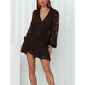 Women Longsleeve Ruffle Wrap Lace Mini Dress Deep V-Neck Lantern Sleeve Tie Waist Casual Dress for Wedding Guest Chocolate