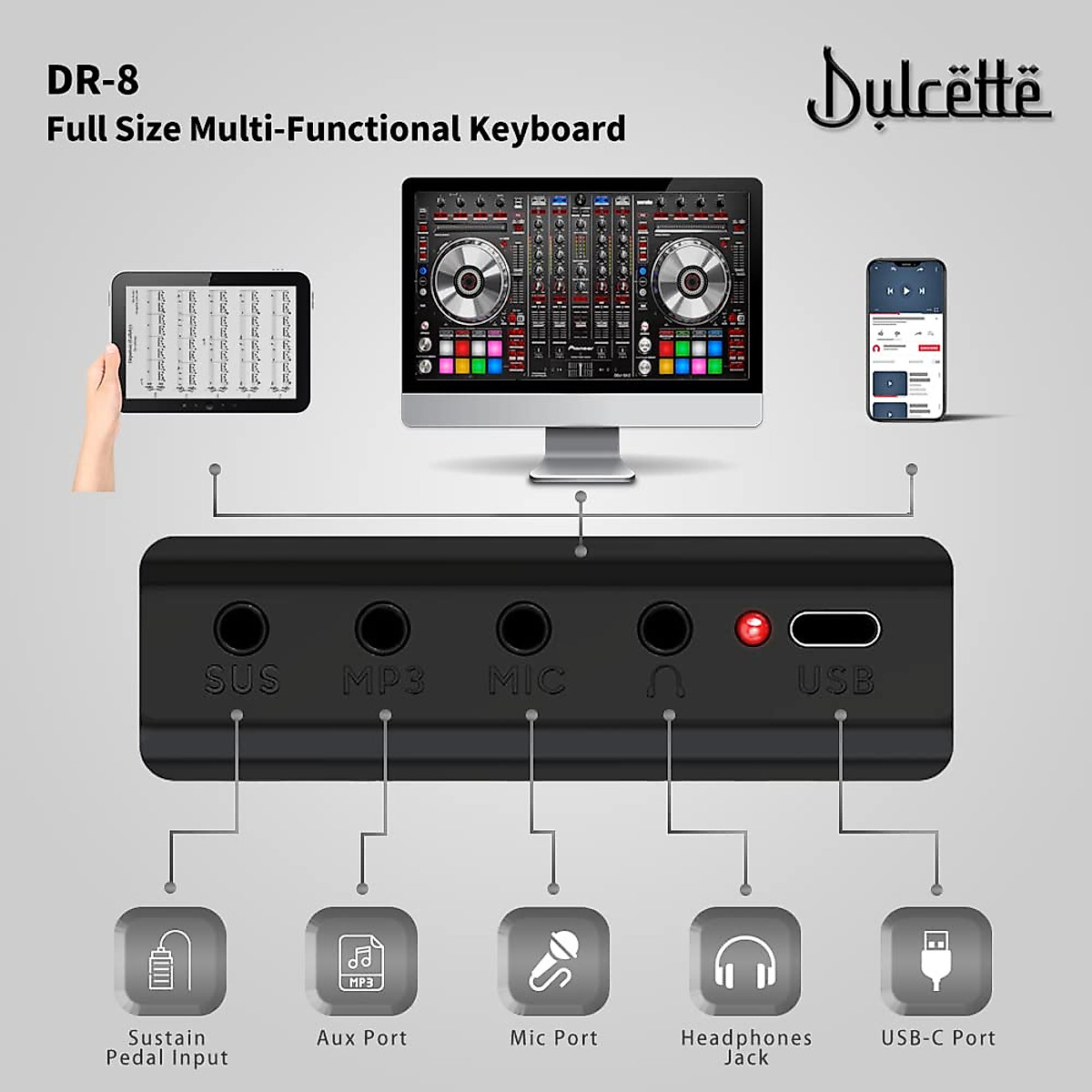 Dulcette *NEW* Foldable Electric Piano Keyboard | 88 Keys Portable Keyboard | Semi-Weighted Touch Sensitive Keys | MIDI & Dual Speakers Sustain Pedal | Digital Piano FREE Bag (White)