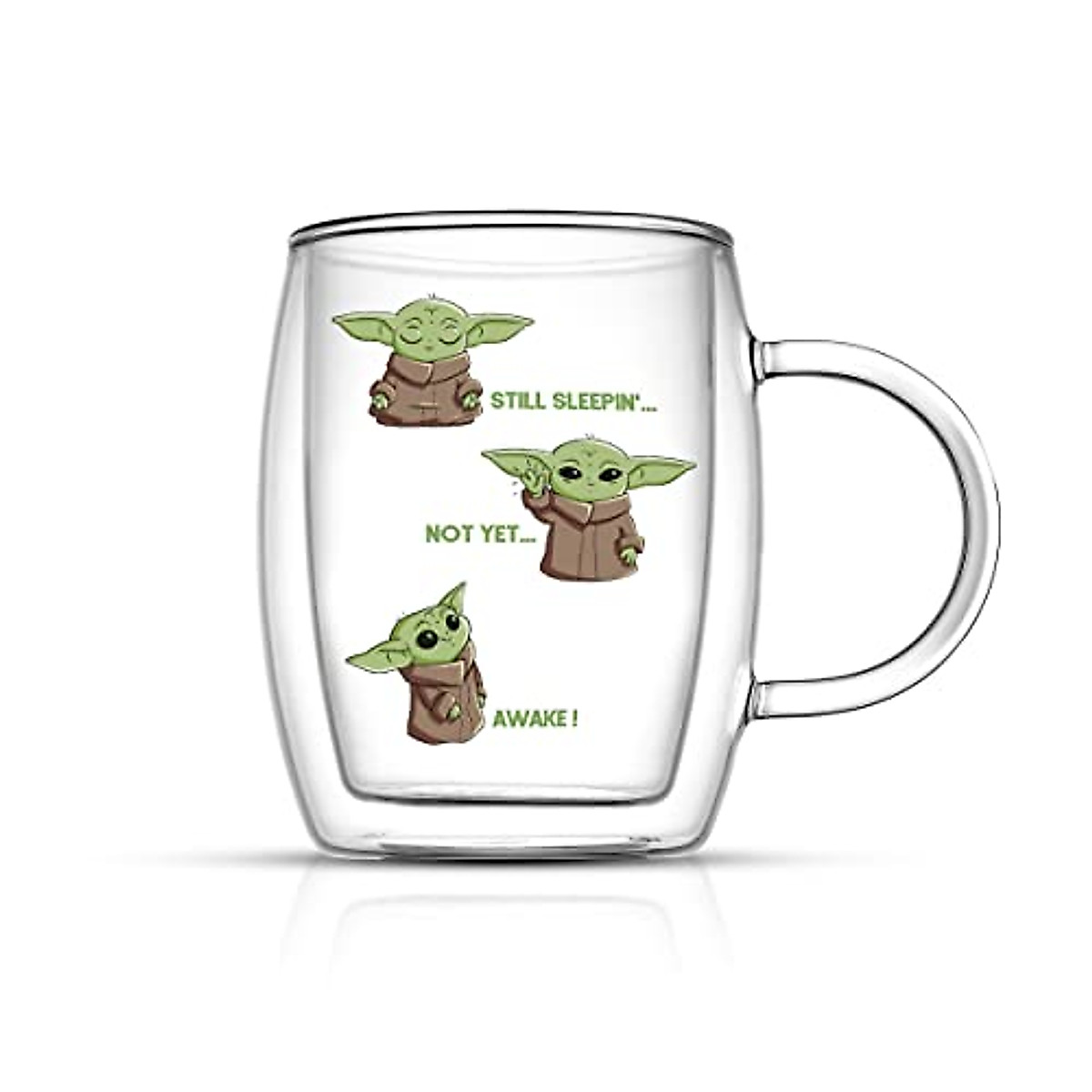 JoyJolt Awake! Grogu Coffee Mug Set of 2 Double Wall Mug. 13.5oz Large Espresso Cups, Cappuccino or Latte Cup. Mandalorian Star Wars Mugs, Insulated Coffee Mug, Clear Glass Cups Coffee Cup Set