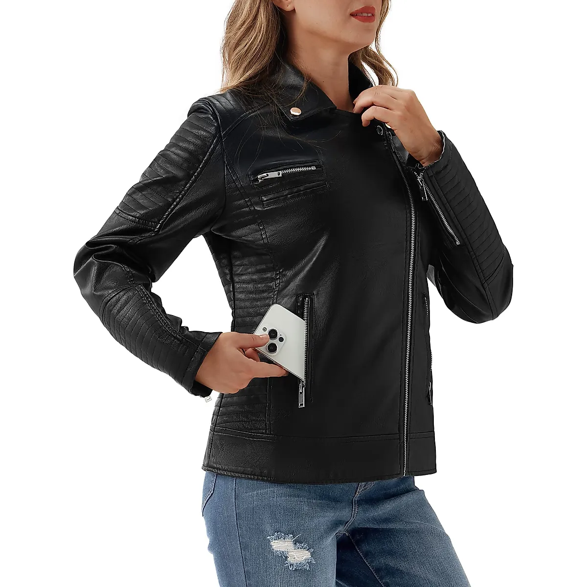 URBEST Women's Faux Leather Jacket Black Motorcycle Moto Biker Short Coat