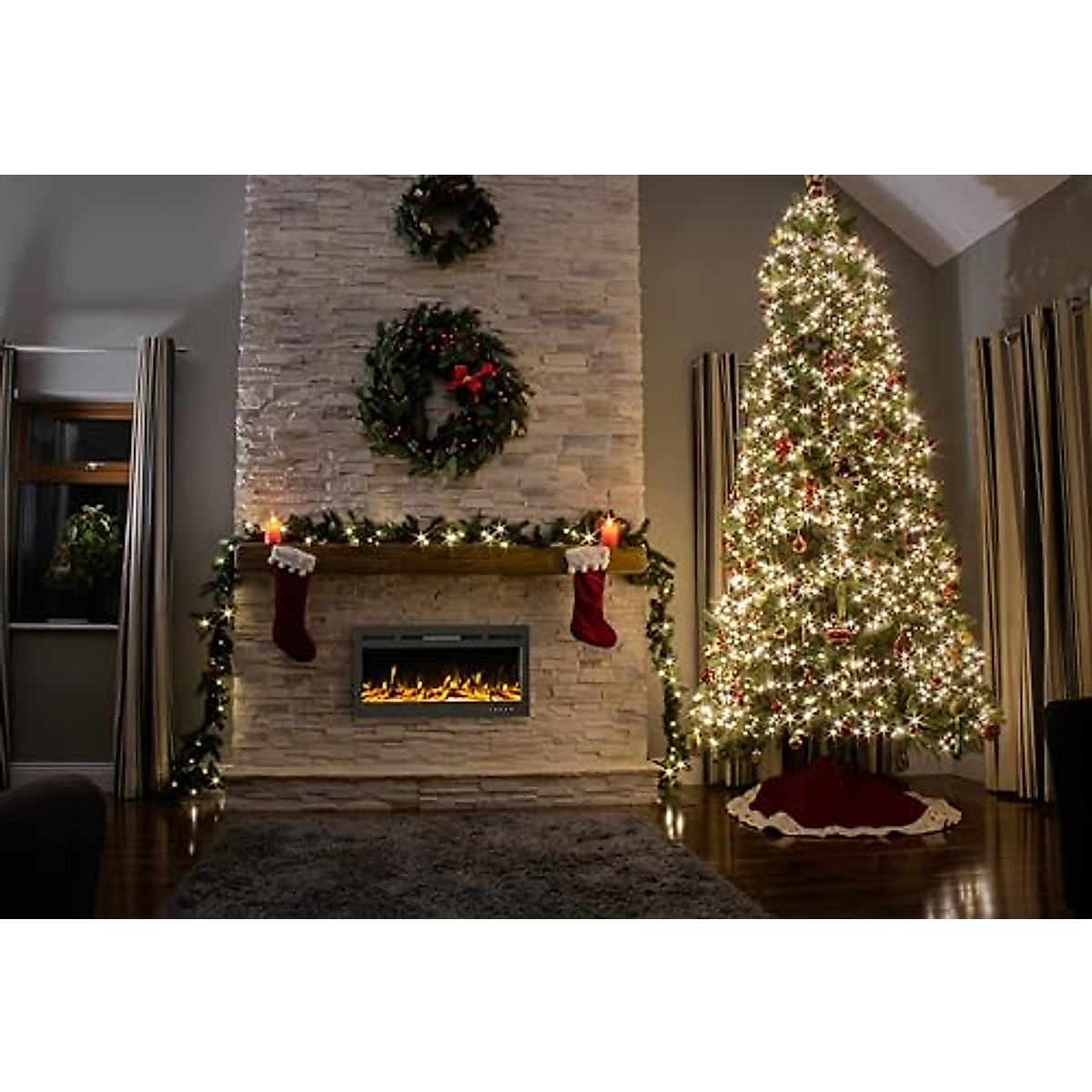 36-Inch Wall Mounted Electric Fireplace - Recessed Heater with Front Vent, Remote, LED Flames, and Log and Crystal Media by Northwest (Black)