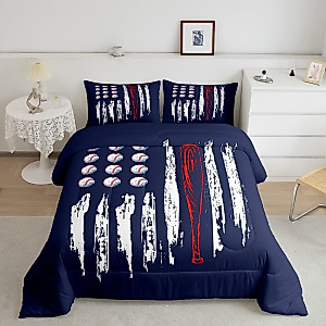 Castle Fairy Baseball Comforter Set Queen Size,American Flag Print Quilt Set with 2 Pillowcases,Creative Abstract Retro Flag Bedding Set 3pcs for Kids Boys Teens Bedroom Decor,(Navy Red White)