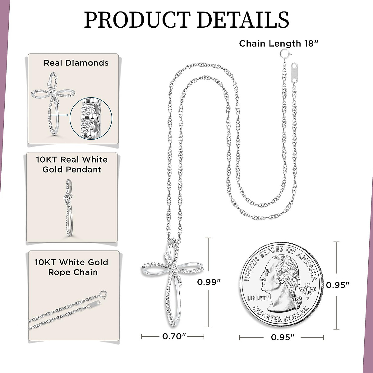 Jewelili Womens 10K White Gold with 1/5 Cttw Natural White Round Diamond Cross Necklace, 18" Rope Chain