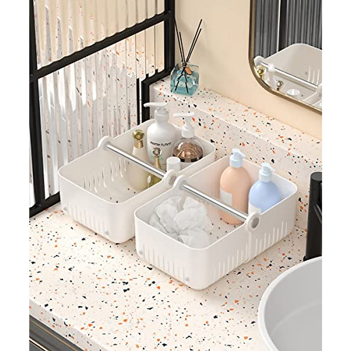 WeshyiGo 2-Pack Grey Shower Caddies and 2 Pack Deformable Plastic Shower Caddy Basket,with handles, Portable Bathroom Caddy Basket, For Bathroom、 room、 Kitchen and College Dorm（White）