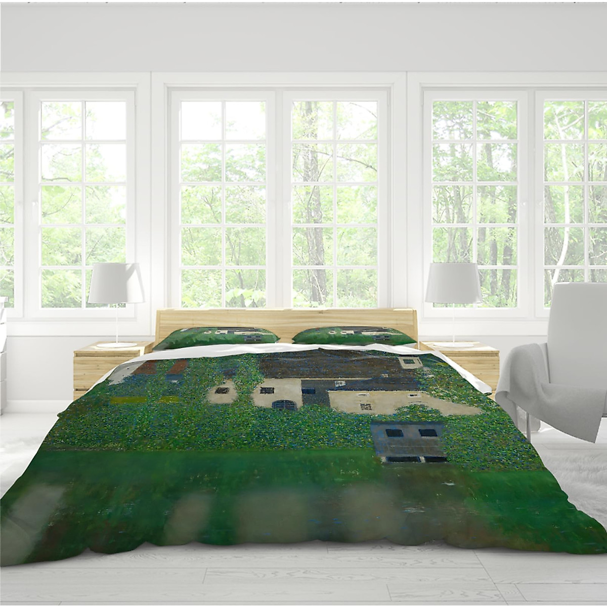 HOBBOY Green 3pc Bedding Set Warm Duvet Cover 2 Pillow Shams Soft Duvet Cover Sets The Unterach Manor on The Attersee Lake Tablo by Gustav Klimt Full