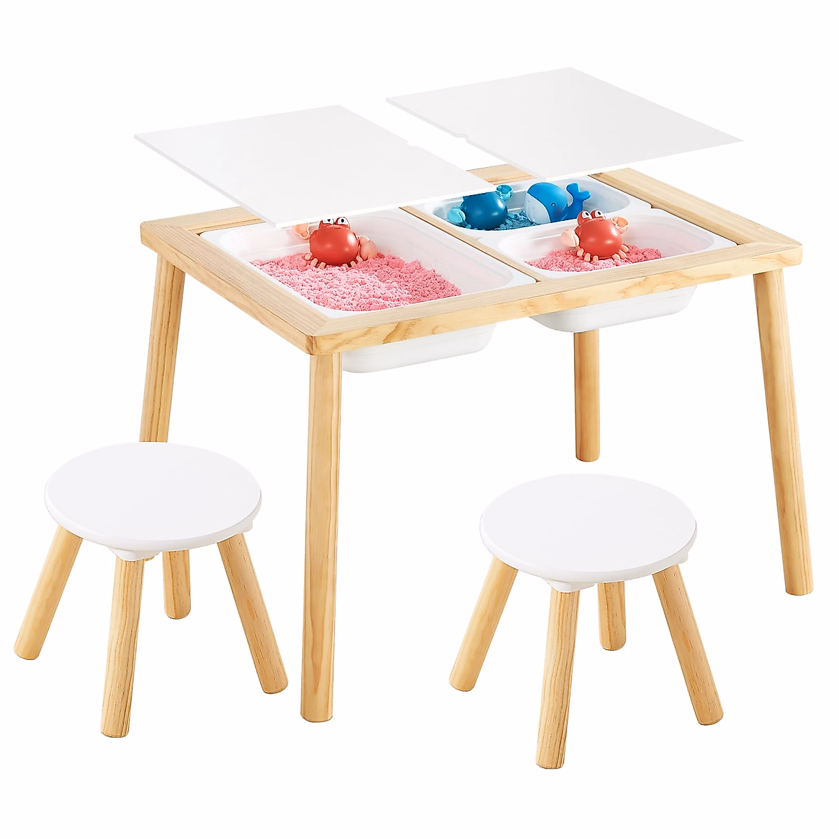 Beright Kids Table and Chair Set, Indoor Sensory Table with 2 Chairs and 3 Storage Bins, Play Sand Water Table for Toddlers, Wooden Activity Table, for Birthday, Christmas