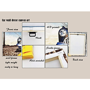 USIXA Car Wall Art for Living Room Old Vehicle on Brown Road Wall Decor Painting Blue Car in Wild Picture for Home Decor Prints Canvas with Frame Ready Hang White Cloud Sky Landscape Poster 12''X16''