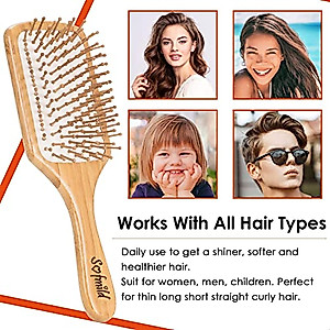 Hair Brush-Natural Wooden Bamboo Brush and Detangle Tail Comb Instead of Brush Cleaner Tool, Eco Friendly Paddle Hairbrush for Women Men and Kids Make Thin Long Curly Hair Health and Massage Scalp