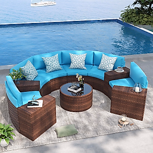 OC Orange-Casual Half Moon Patio Furniture Sectional Set, Curved Outdoor Sofa, All-Weather Wicker Chair and Round Coffee Table, Turquoise Cushions, 11 Pieces (Pillows & Waterproof Cover Included)