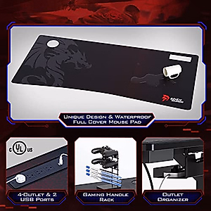 SEVEN WARRIOR Gaming Desk 55INCH with LED Lights & Power Outlets, Carbon Fiber Surface Computer Gamer Desk with Full Desk Mouse Pad, Ergonomic Y Shaped Leg Gamer Table with Monitor Stand