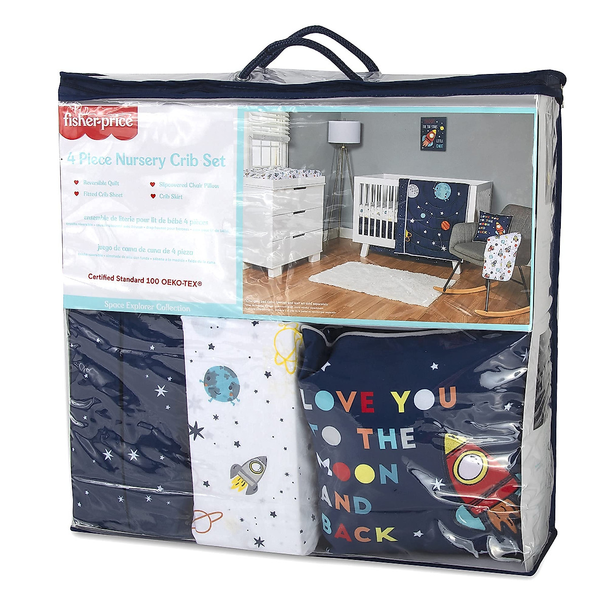 Fisher-Price Baby Boy Nursery Crib Bedding Set Outer Space Moon Stars 4 Piece Crib Bedding Set for Boys Space Explorer Collection