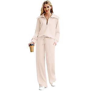 XIEERDUO Lounge Set For Women 2024 Winter Zip Up Sweatshirt And Wide Leg Sweatpant Apricot M