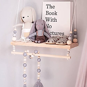 YINCOO Wooden Rope Swing Floating Shelves with Wood Beads, Hanging Rod for Wall Bedroom Kids Living Room Playroom Boho Decor Ornaments Nordic Display (Pink)