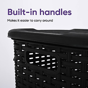 Plastic Laundry Hamper with Lid Laundry Hamper Basket, Black Tall Cloths Hamper Organizer with Cut-out Handles. Space Saving for Laundry Room Bedroom Bathroom, Wicker Design 60 Liter