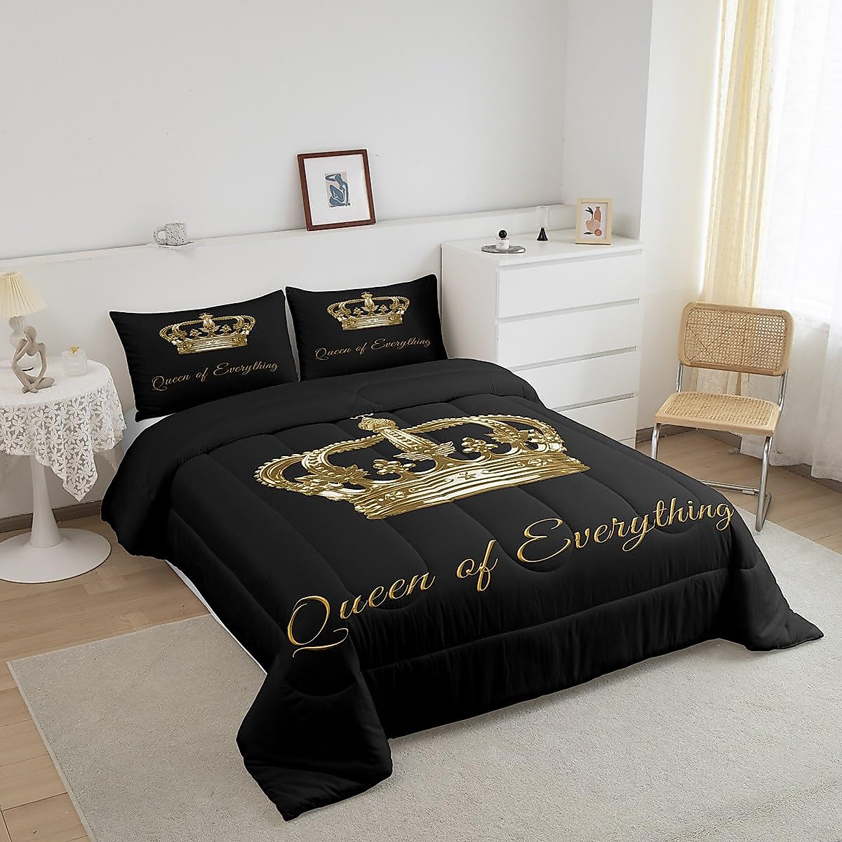 jejeloiu Queen Pattern Bedding Set Kids Crown Printed Comforter Set Modern Comforter for Women Men Room Decor Abstract Art Gold Black Duvet Set Queen Size with 2 Pillow Case