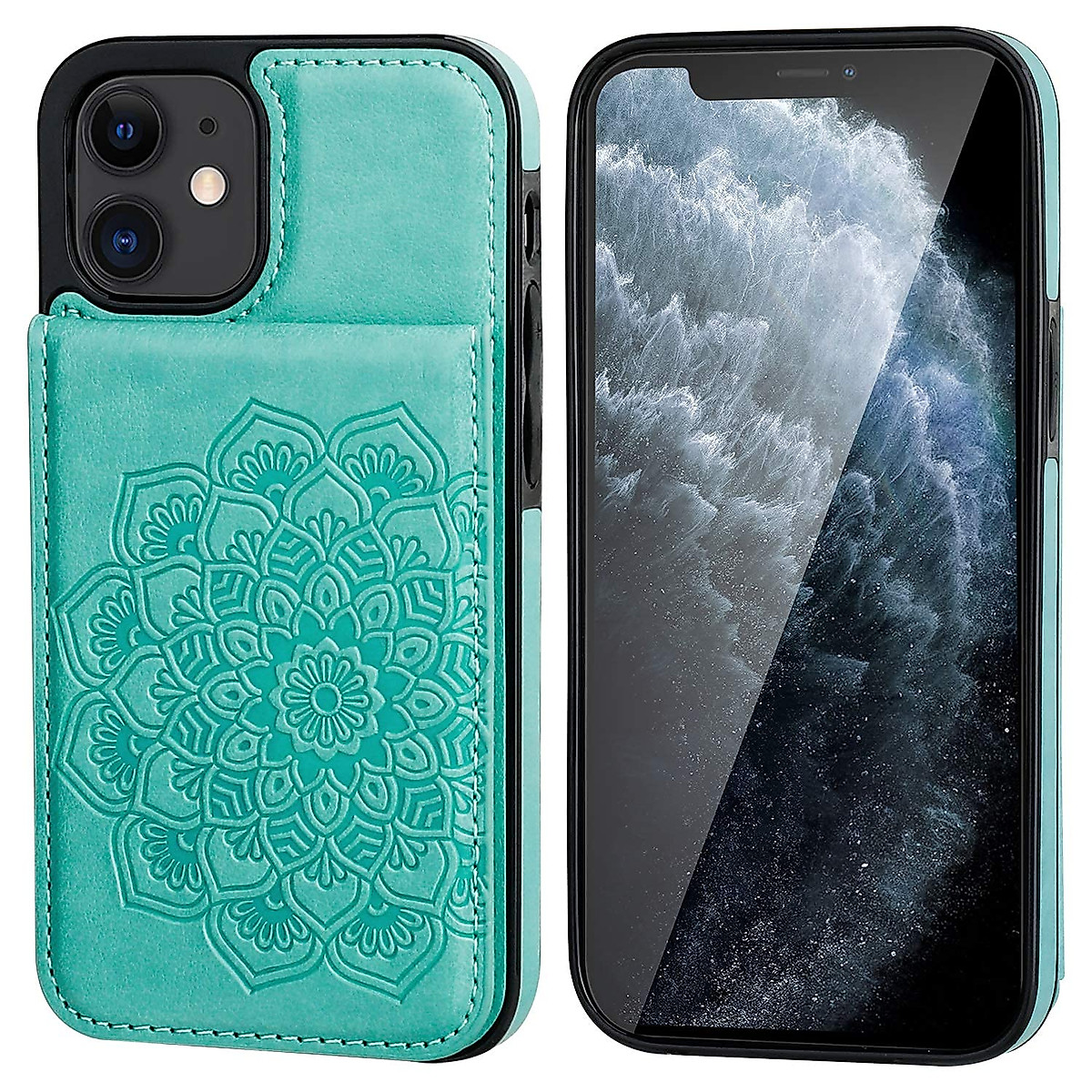 Vaburs Compatible with iPhone 12 and iPhone 12 Pro Case with Wallet Card Holder,Embossed Mandala Pattern Flower PU Leather 4 Card Slots Kickstand Shockproof Flip Cover 6.1 Inch(Green)