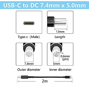 CERRXIAN 6.5ft 100W PD USB Type C Male Input to DC 7.4 x 5.0mm (7.4x0.6) Male Power Charging Cable for Dell Inspiron 15 3521 3537 3531 15R 5521 5537 17 3721 5748 17R 5737 5721(7406D-100W)
