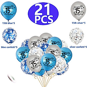 15th Birthday Balloons, Pack of 20 Blue Silver Happy 15th Birthday Latex Confetti Balloon Ribbons for Boys Him Son 15th Birthday Anniversary Party 15 Years Old Birthday (15th)