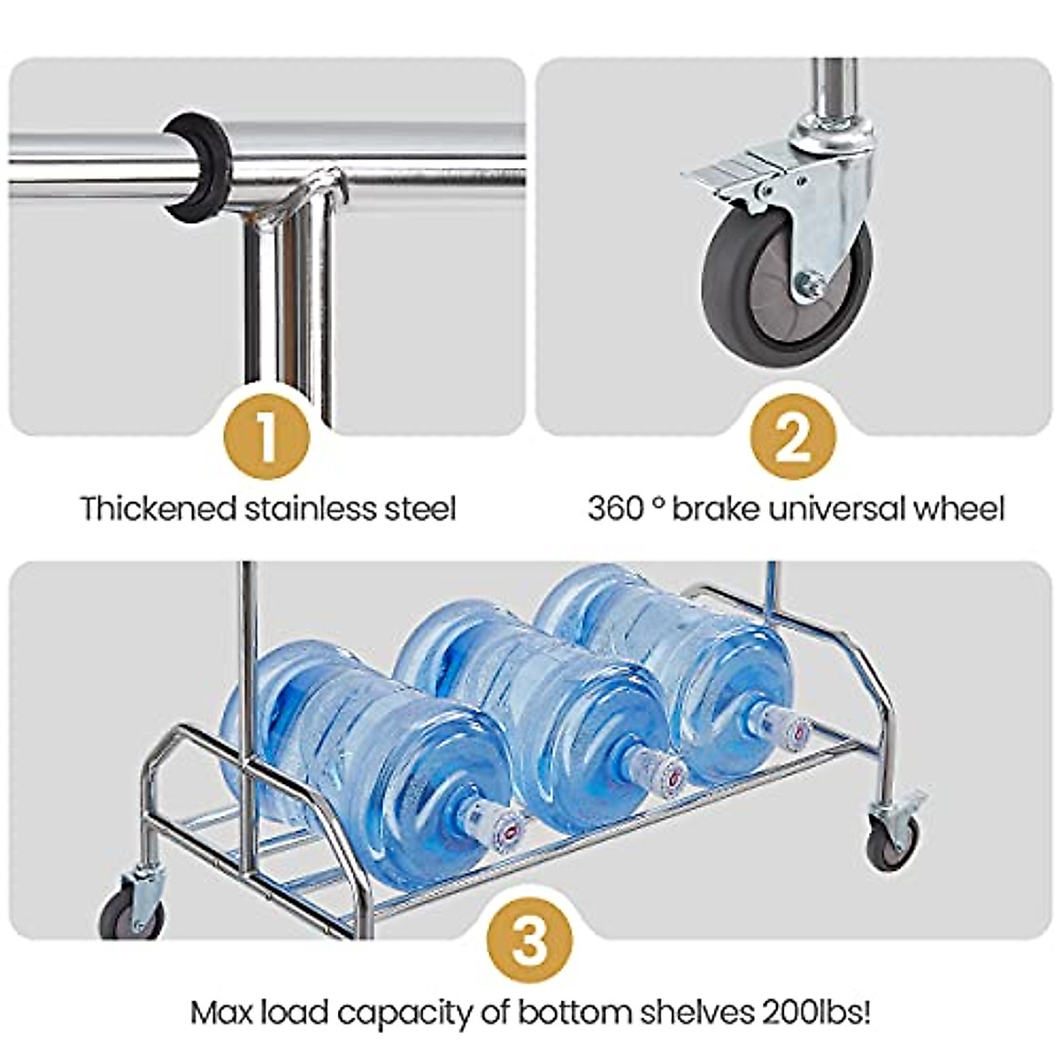LiaMeE Heavy Duty Clothing Racks for Hanging Clothes, Adjustable Rolling Commercial Garment Rail on Wheels, Free Standing Standard Rod & Shelf for Wardrobe Organization, Chrome Plated