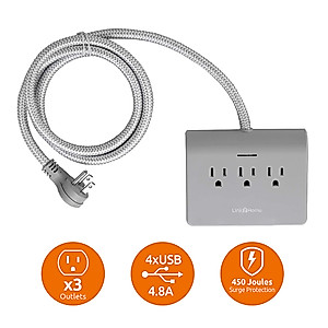 Link2Home EM-TXC202B Surge Protector, 5ft Extension, 3 Outlets Strip, 4 Ports, 4.8A USB, Braided Cable with Low Profile Plug, Grey Fabric Cord Power Dock, 1pk