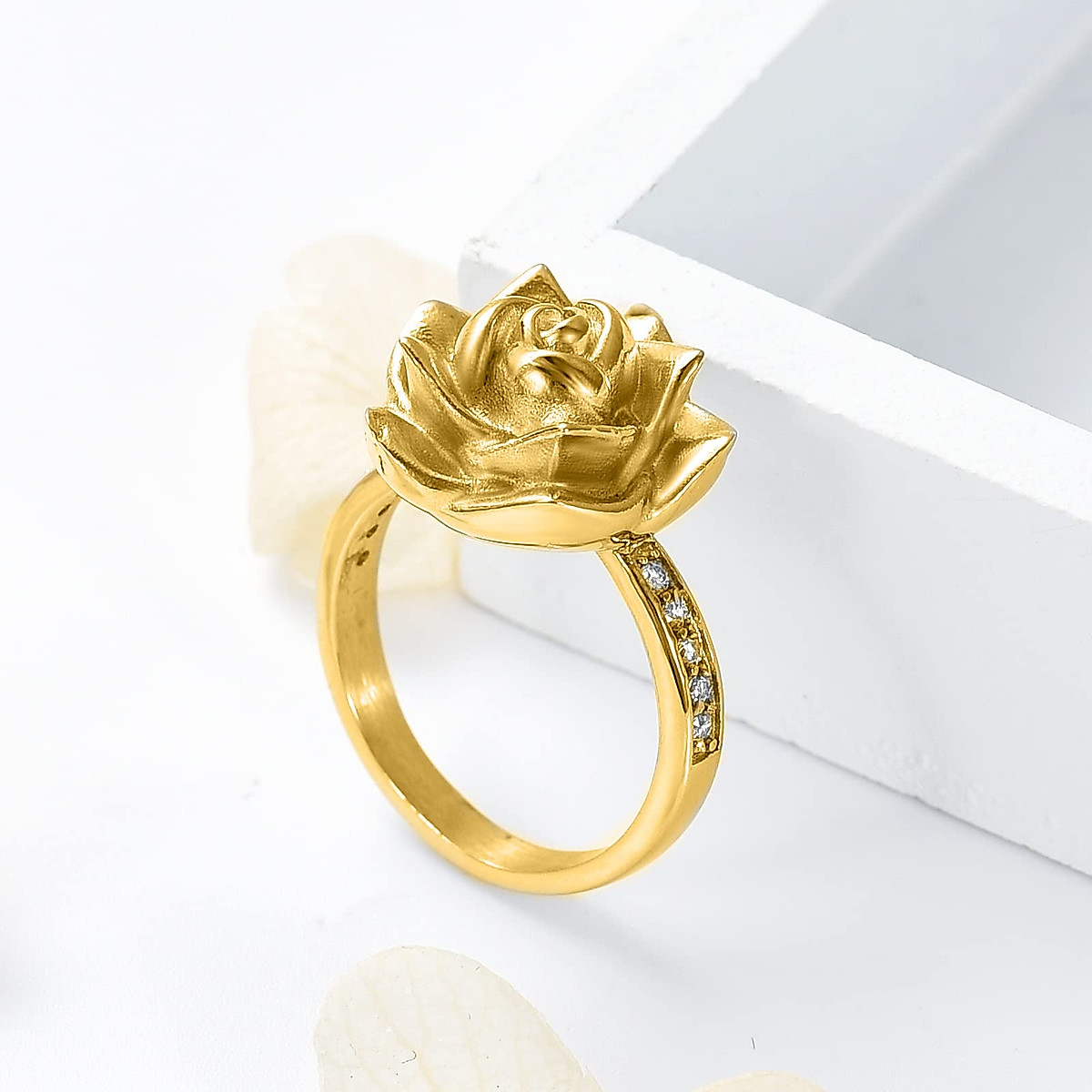 constantlife Cremation Ring for Ashes for Women Girls Rose Flower Urn Rings Memorial Jewelry Human Pet Stainless Steel Ash Holder Loved Ones Funeral Keepsake Gift (Golden-6)