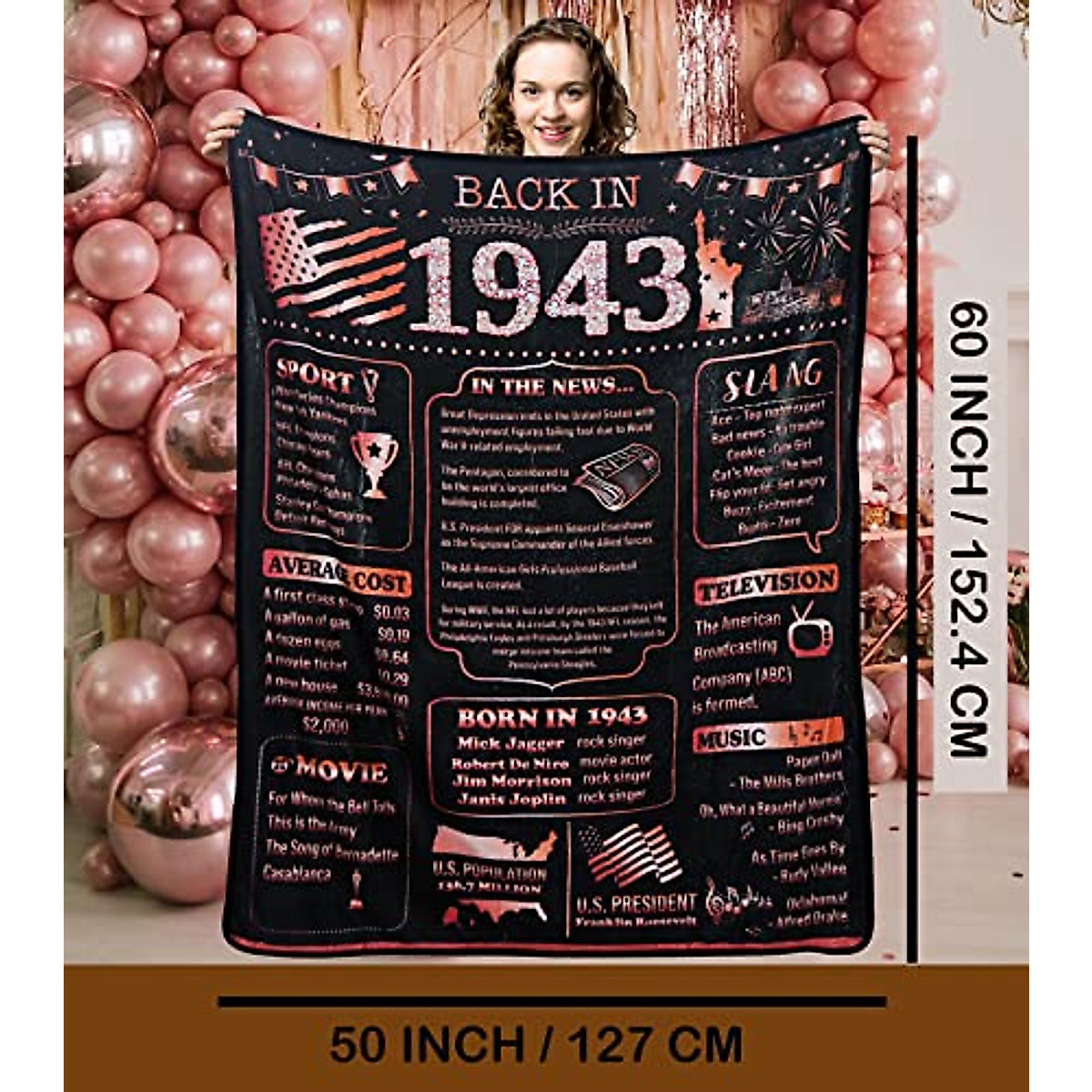 Henghere 80th Birthday Gifts for Women Friend, Mom, Grandma, Sister, Wife, Aunt, Coworker, Happy 80 Year Old Birthday Decorations Women | Blanket for Bed Sofa 60x50 Inches, Rose Gold
