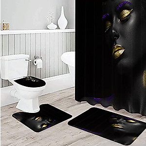 NEWSUYAA 4 Sets Black Woman Shower Curtain Sets with Bath Rugs Set,Sexy African American Afro Sexy Women Waterproof Tub Curtains Rug Mats Toilet Seat Cover Hooks,Black and Gold 71 Inch Bathroom Decor