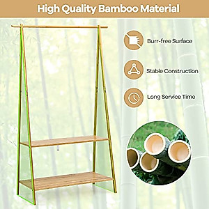 GOFLAME Bamboo Garment Rack, Freestanding Clothing Rack with Hanging Rod and 2 Storage Shelves, Heavy Duty Clothes Rack with Anti-tipping Devices, Natural