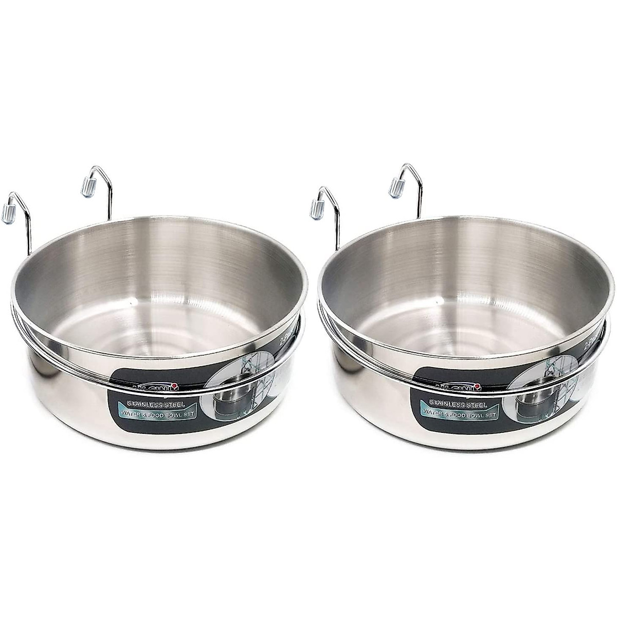 MLCINI Stainless Steel Pet Feeder, 2 Pack Hanging Dog Bowl & Cat Bowl, Non Spill Bunny Feeder with Hook for Crate Cage Kennel, 60 Ounce