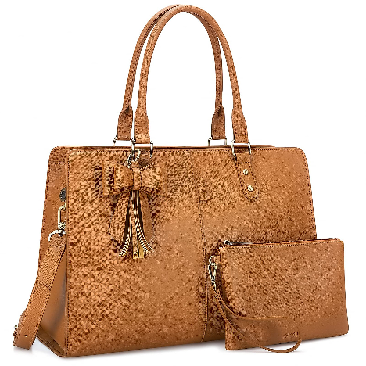 ECOSUSI Laptop Tote Bag Laptop Bag 15.6 inch Work Shoulder Briefcase Computer Messenger with Clutch Satchel Handbag 2 PCS Set (Brown)