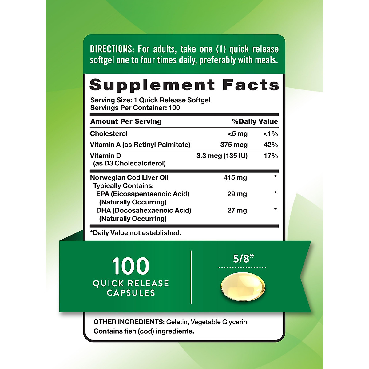 Nature's Truth Norwegian Cod Liver Oil | 100 Softgels | with EPA & DHA | Non-GMO, Gluten Free Supplement